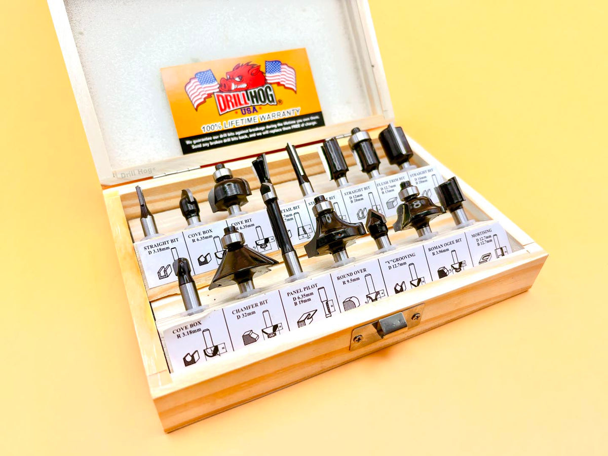 Drill Hog® 15 Piece Super Premium Carbide Router Bit Set Lifetime Warr